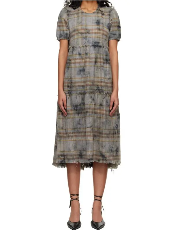 R13 Plaid Round Neck Puff Sleeve Midi Dress - Gray