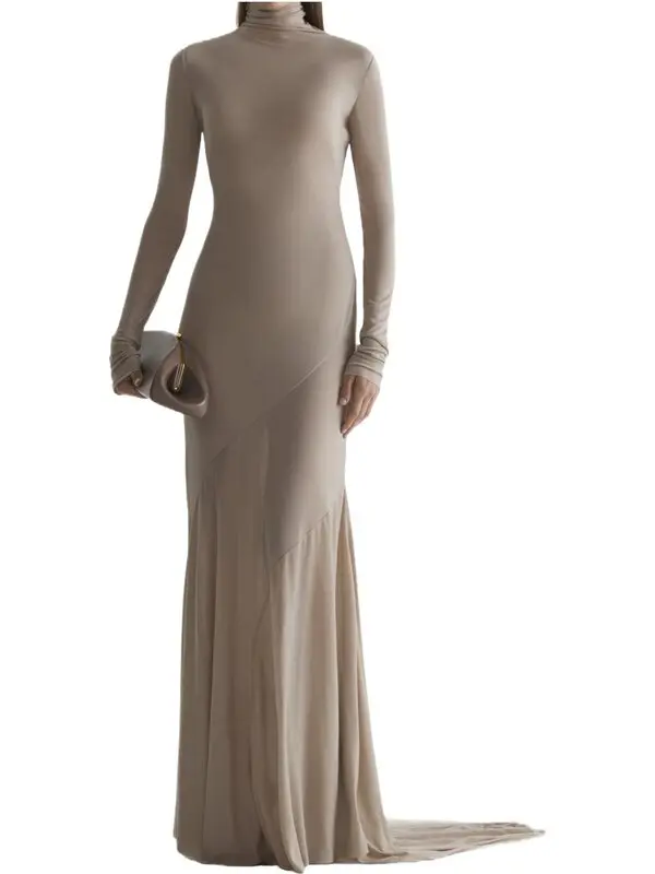 MUGLER Turtleneck Jersey Gown - Taupe