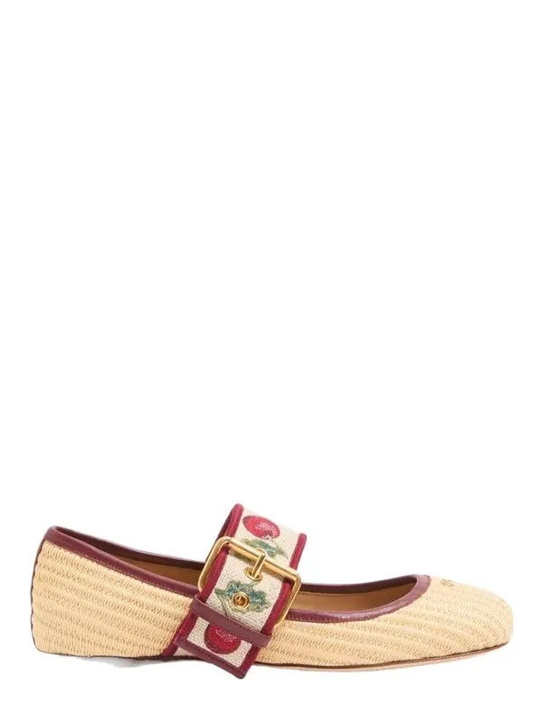 Valentino Garavani Mary Jane Ballerina Flats With Embroidered Cherry Detail - Light Brown