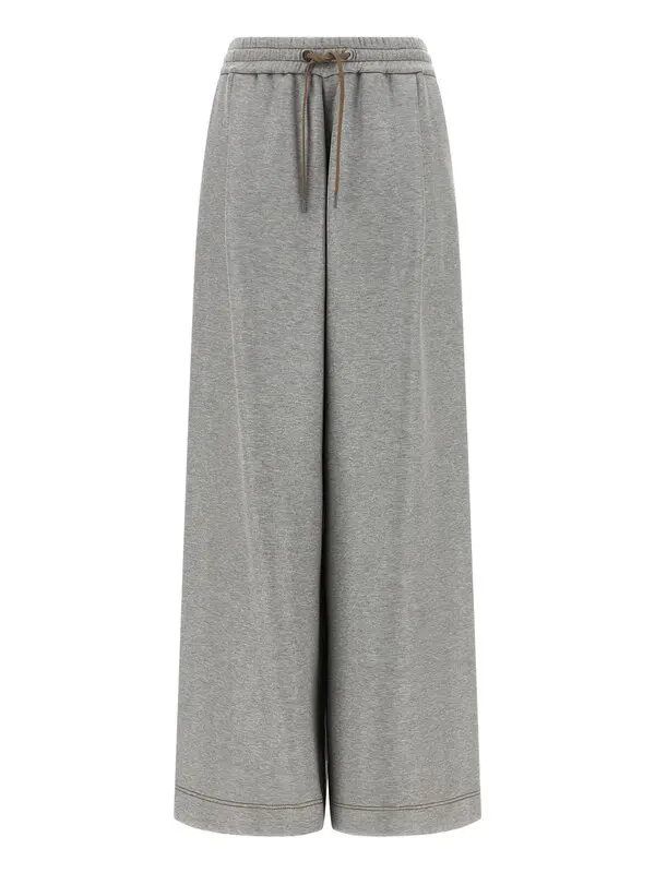 Brunello Cucinelli Drawstring Wide-leg Cotton Blend Joggers With Metallic Thread Contrast Stitching - Gray