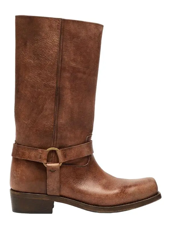 GOLDEN GOOSE High Biker Boots With Metal Buckle Strap - Brown