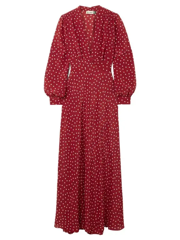 Rixo Polka Dot V-neck Long Sleeve Maxi Dress - Red