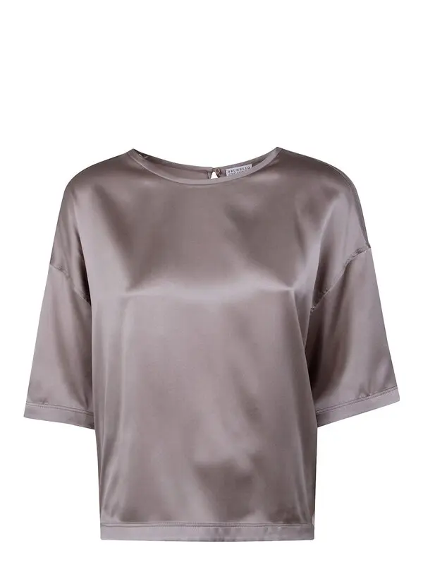 Brunello Cucinelli Keyhole Crewneck Short Sleeve Top - Gray