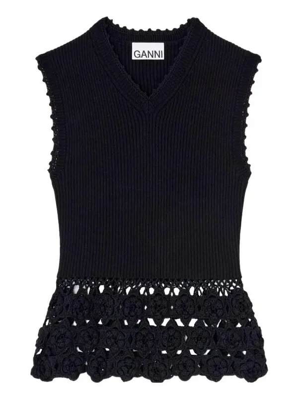 GANNI Crochet Peplum Knit Sleeveless V-neck Top - Black