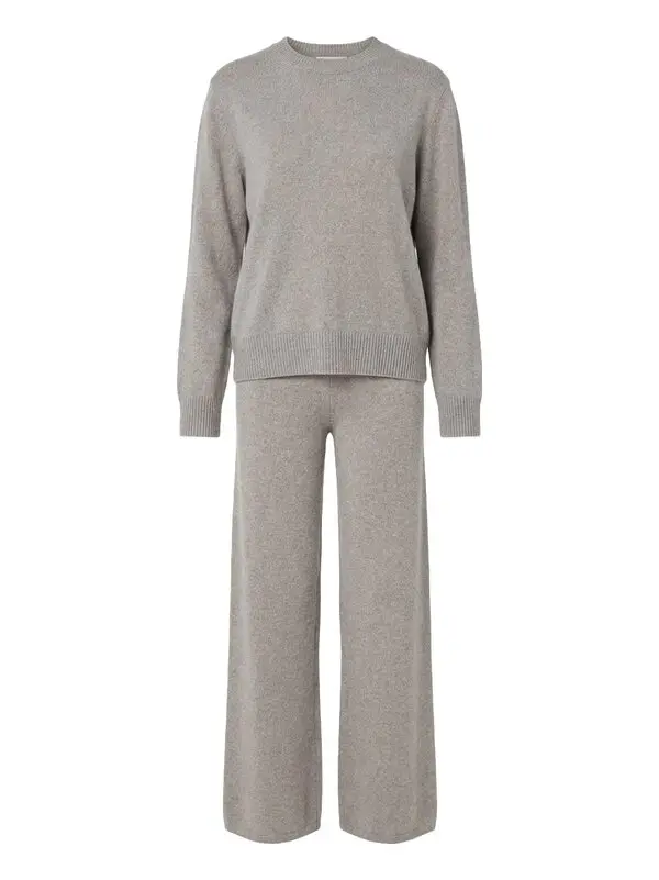 Soft Goat Long-sleeved Sweater And Drawstring Trouser Set - Taupe