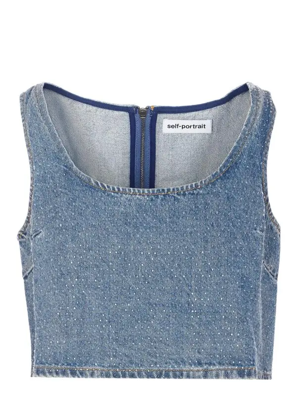 SELF-PORTRAIT Embellished Denim Cropped Top - Blue