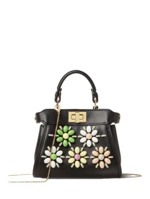 Fendi Nano Peekaboo Beaded-flowers Tote Bag - Black