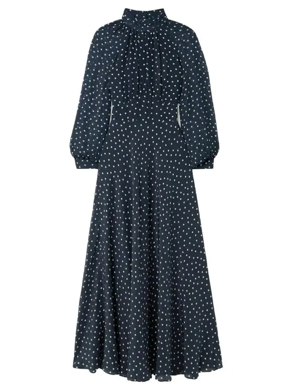 Rixo Polka Dot High Neck Maxi Dress - Navy
