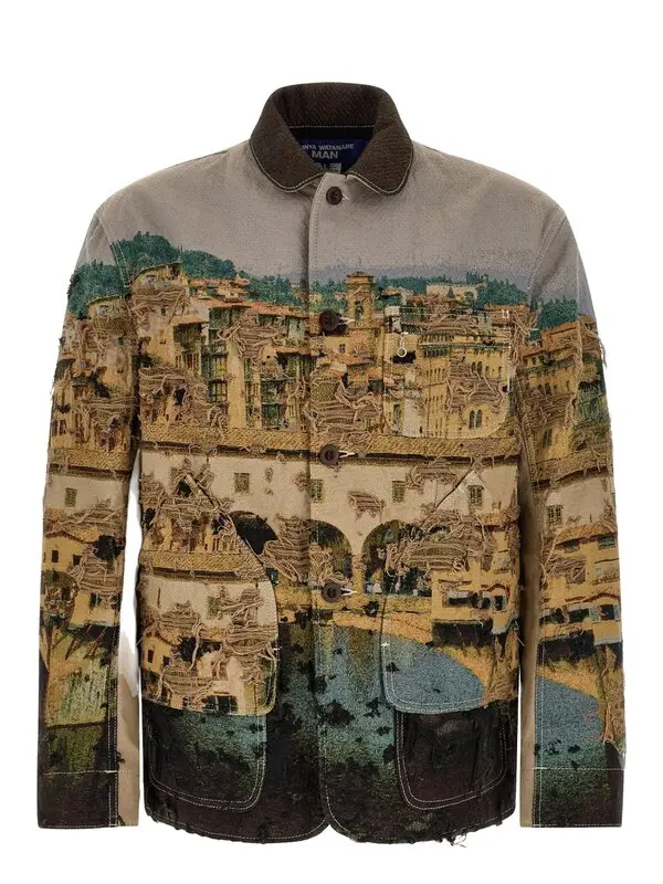 Junya Watanabe Jacquard Frayed Jacket With Landscape Print - Multicolor