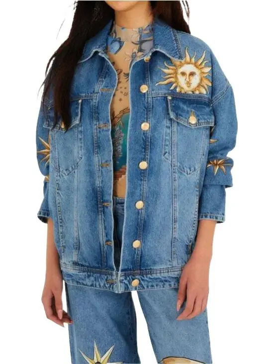 Farm Rio Sun Star Graphic Denim Jacket - Blue