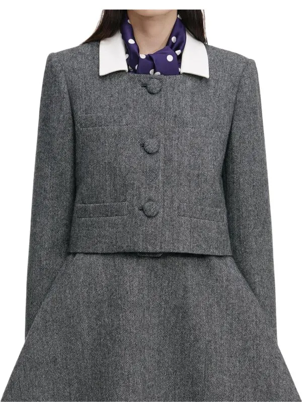 SELF-PORTRAIT Cropped Herringbone Tailored Jacket - Grey