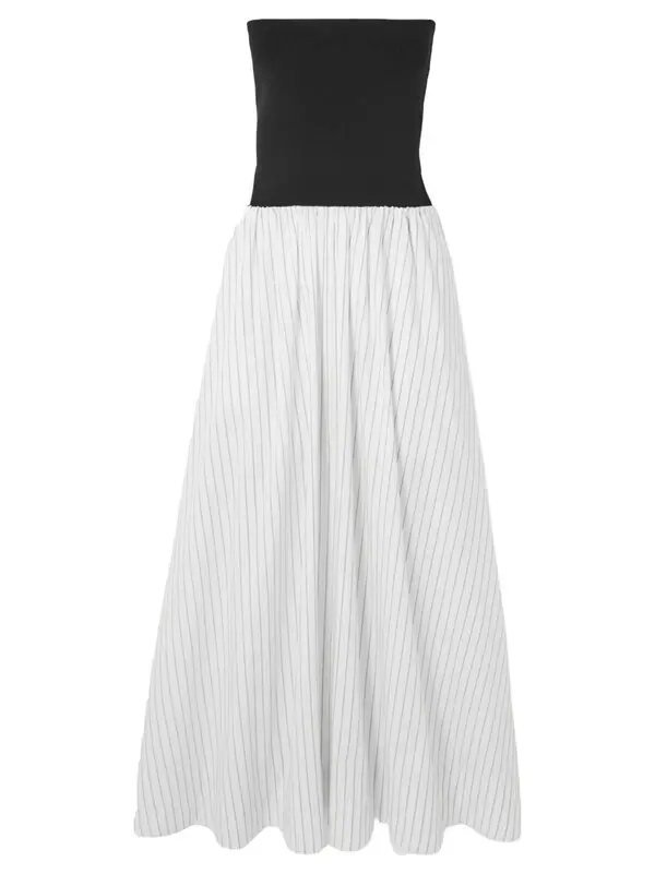 ST. AGNI Strapless Jersey And Pinstriped Organic Cotton Maxi Dress - Offwhite