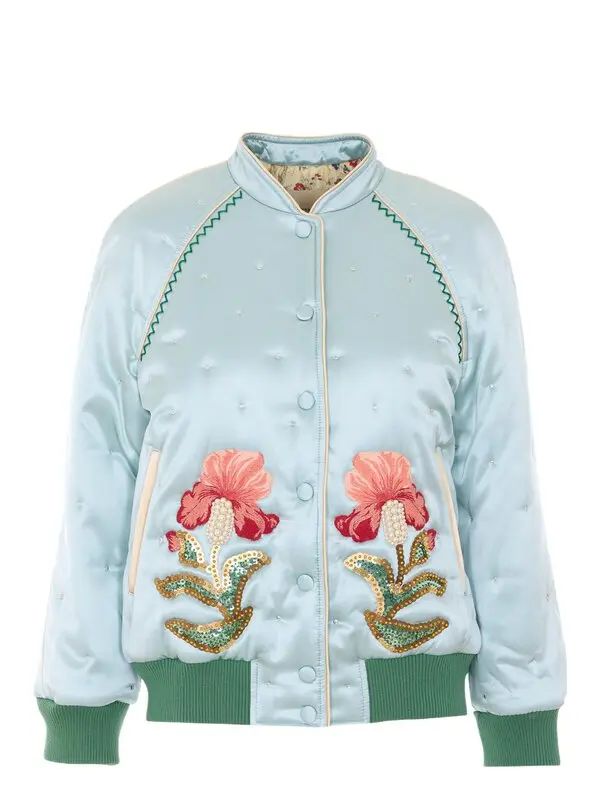 Valentino Garavani Floral Embellished Quilted Jacket - Blue