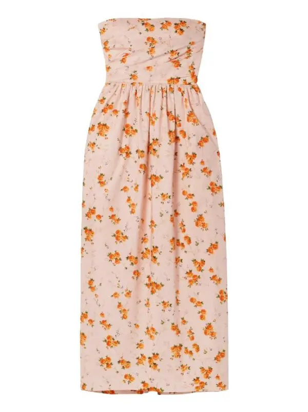 LoveShackFancy Strapless Floral Tube Top Dress With Back Slit - Orange