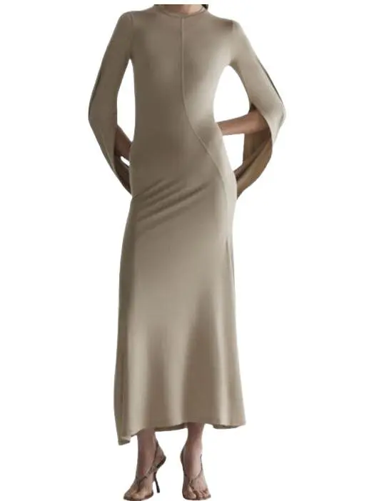MUGLER Round Neck Long Sleeve Slit Detail Maxi Dress - Nude