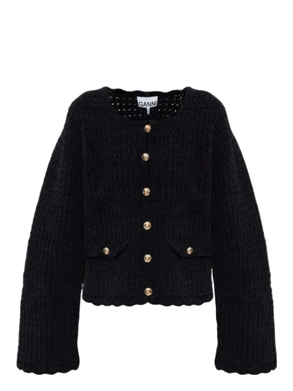 GANNI Crochet Cardigan With Gold Button Detail - Black