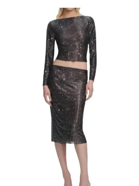SELF-PORTRAIT Embellished Boat Neck Long Sleeve Top - Black