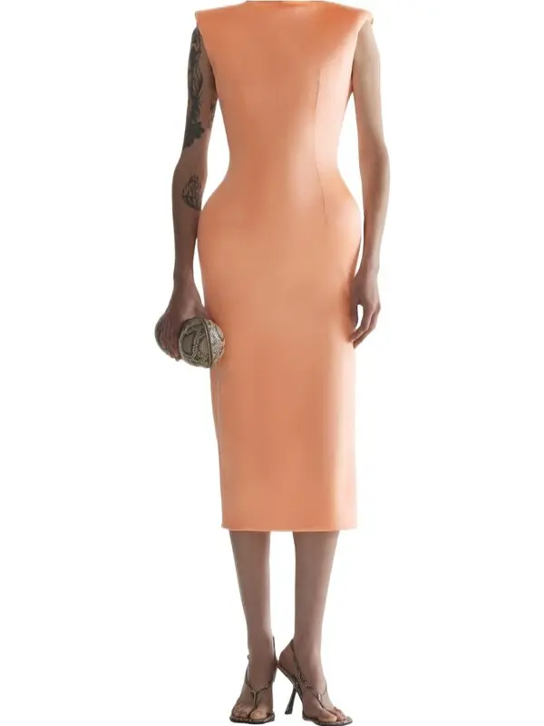 MUGLER Sleeveless High Neck Dress With Padded Shoulders - Nude