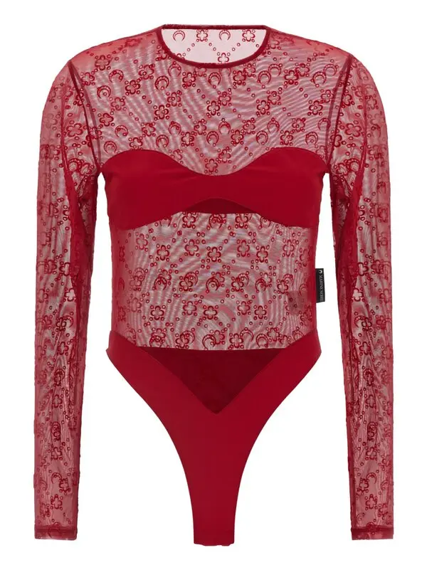 MARINE SERRE Monogram Mesh Bodysuit Top - Red