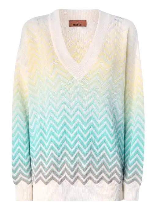Missoni Long-sleeved V-neck Knitwear With Dégradé Chevron Pattern - Light Blue And Yellow
