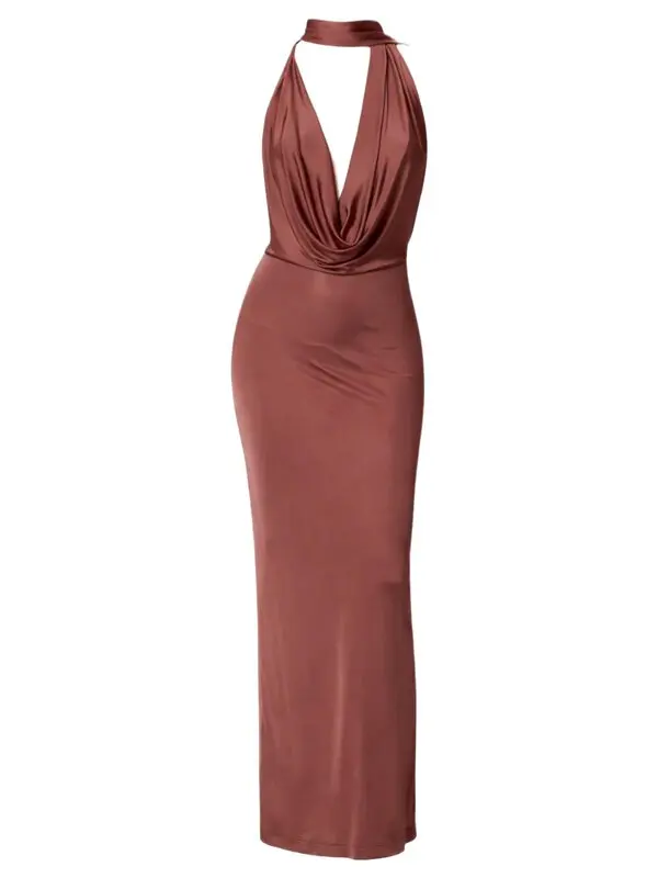 AMAZUIN Halterneck Draped Maxi Dress With Open Back And Scarf Ties - Red