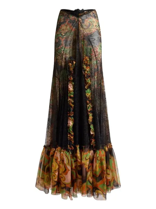 Etro Silk Maxi Skirt With Lace And Floral Motif - Black