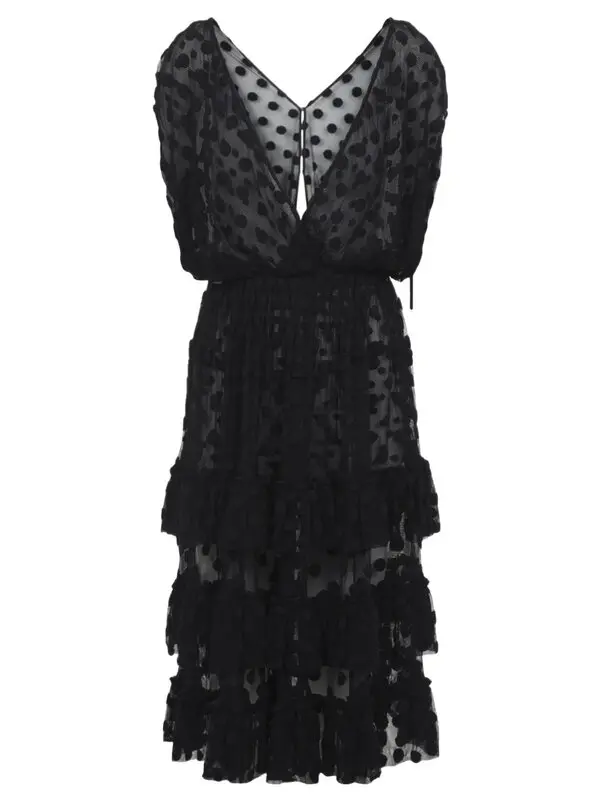 Dries Van Noten Ruffled Mesh Dress With V-neck And Layered Skirt - Black