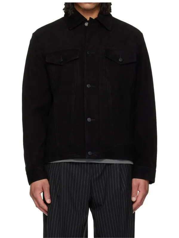 Hugo Boss Suede Leather Jacket With Lapel And Button Closure - Black