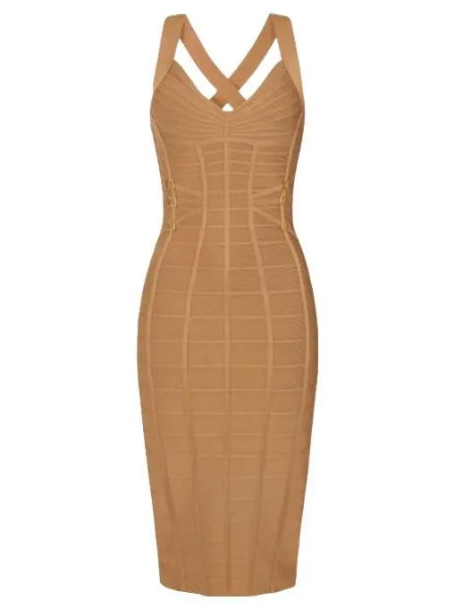 Elisabetta Franchi Ribbed Knit Midi Dress With Geometric Accents - Fallow Deer