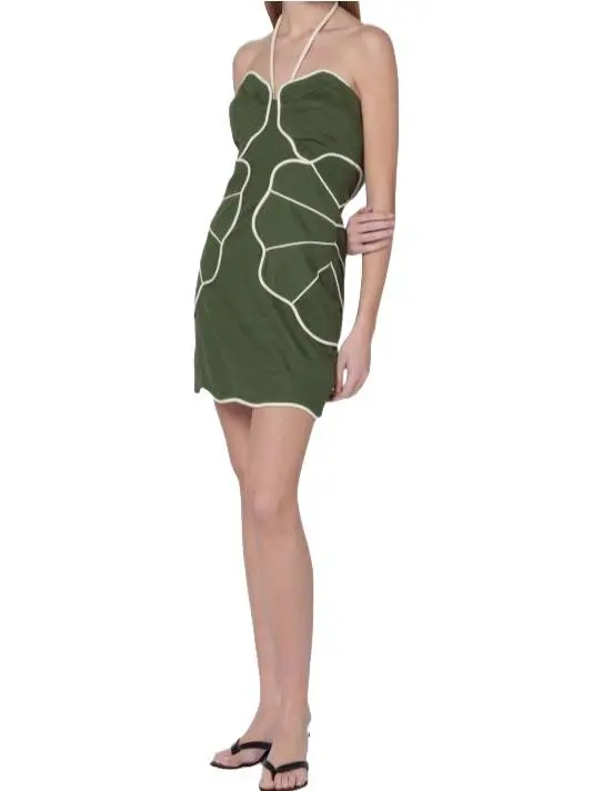 Farm Rio Short Linen-blend Dress With Embroidery And Scalloped Hem - Green