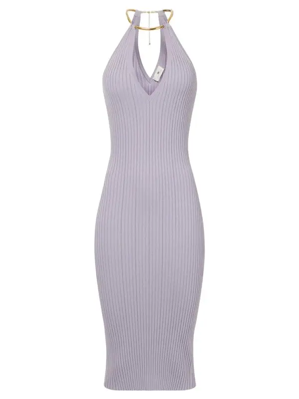 Elisabetta Franchi Openwork Knit Halter Neck Dress With Necklace Detail - Lavender