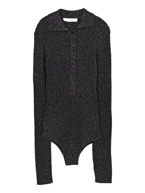 THE FRANKIE SHOP Ribbed Knit Bodysuit With Polo Collar - Black