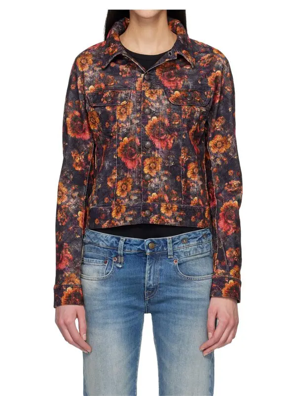 R13 Collared Floral Denim Jacket - Black