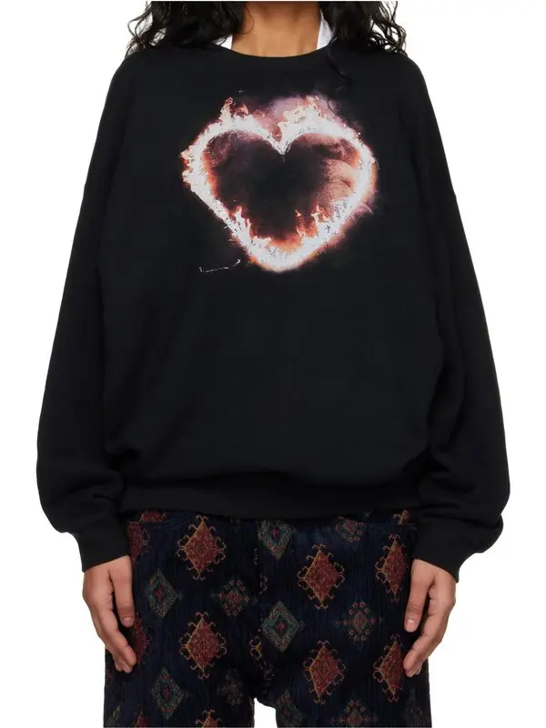 R13 Flaming Heart Oversized Crew Neck Sweatshirt - Black