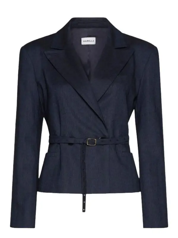 Marella Short Belted Double-breasted Jacket - Navy Blue