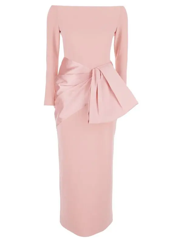 Solace Rhianne Long-sleeved Off-shoulder Midi Dress With Knot Detail - Pink