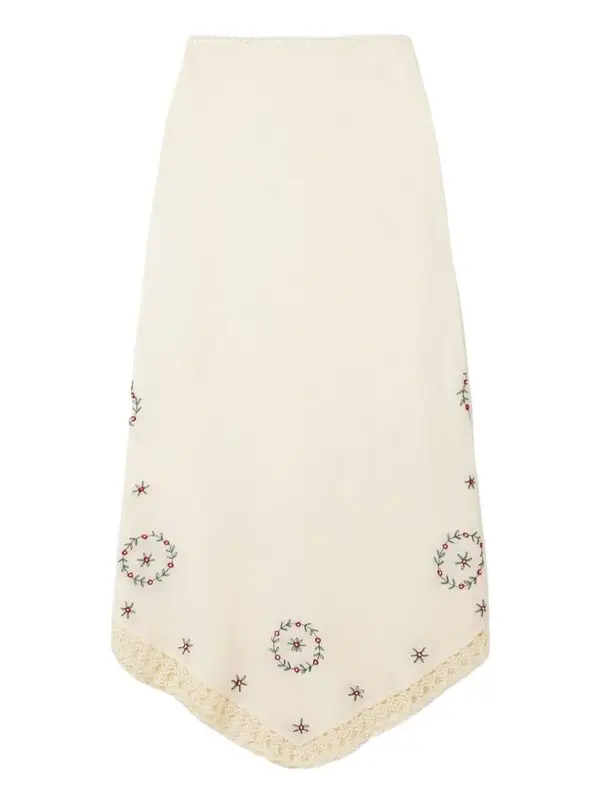 Rixo Crocheted Trim Embroidered Midi Skirt - White