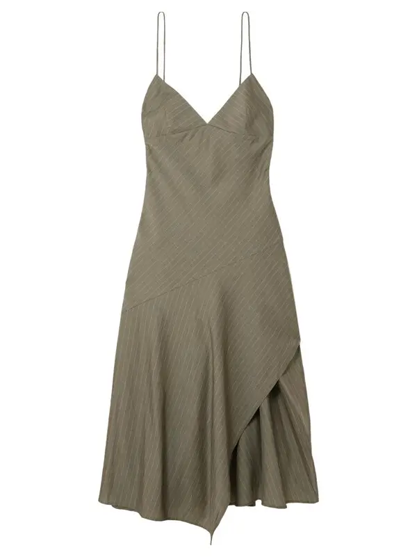 ST. AGNI Asymmetric Pinstriped Cotton-blend Twill Dress - Gray Green