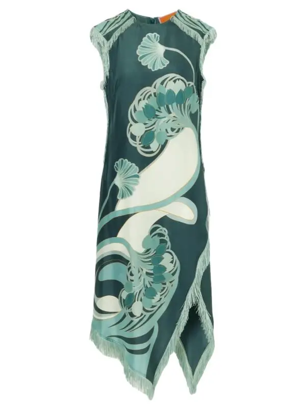 La DoubleJ Sleeveless Floral Print Fringed Dress - Green