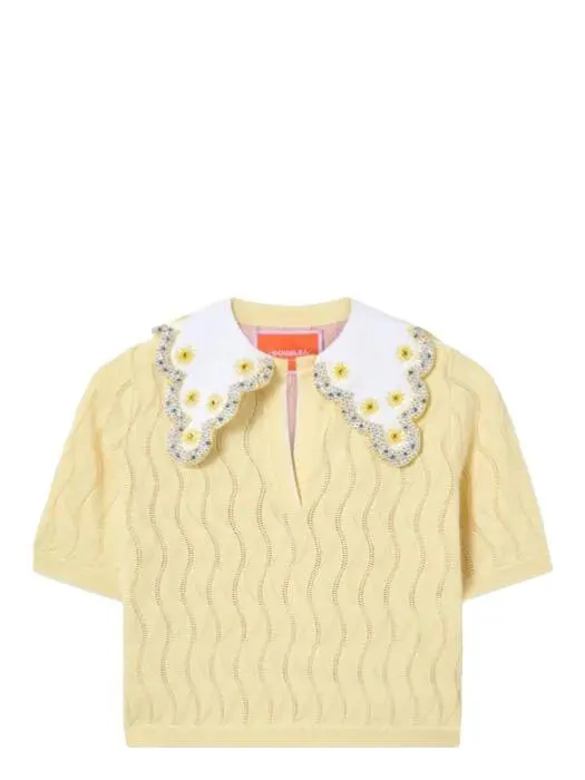 La DoubleJ Pointelle-knit T-shirt With Embroidered Collar - Yellow Pink Contrast