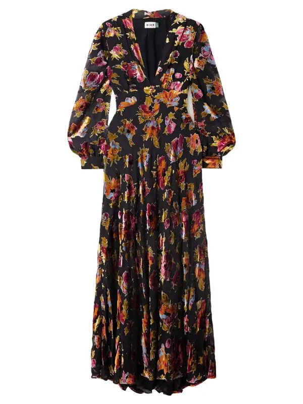 Rixo Floral Print Long Sleeve V-neck Maxi Dress - Black