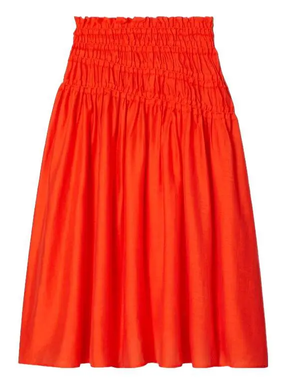 Tory Burch Elasticated Smocking Skirt With Ruffled Hem - Dark Poppy Color