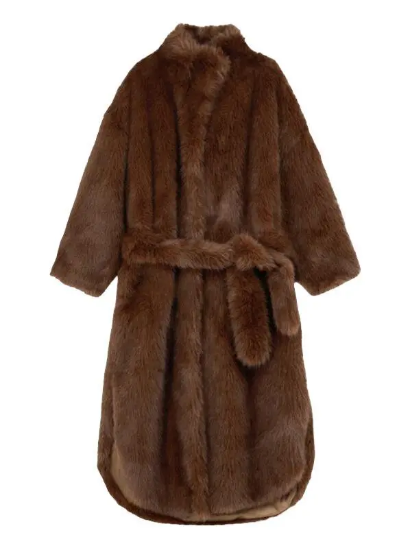 THE FRANKIE SHOP Ravello Belted Faux Fur Coat - Brown