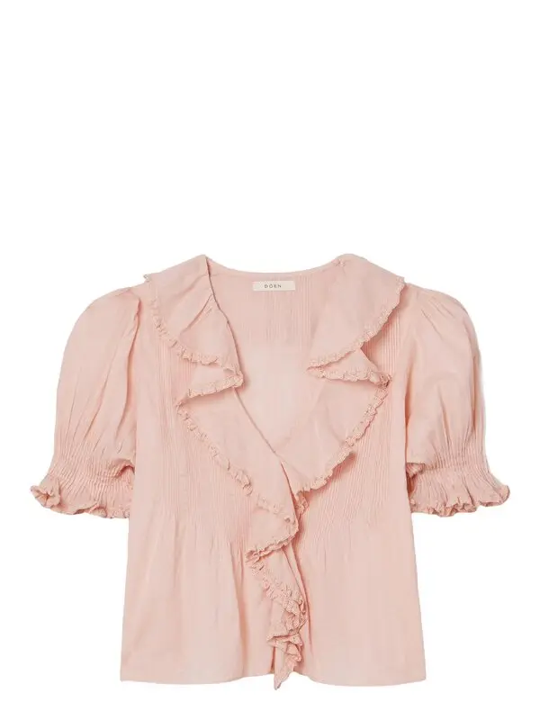 DÔEN Ruffled Lace Trim Puff Sleeve Blouse - Pink
