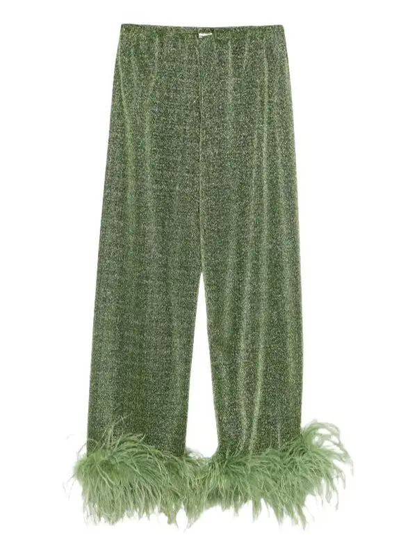 Oseree Glitter Feather-trim Pants - Green