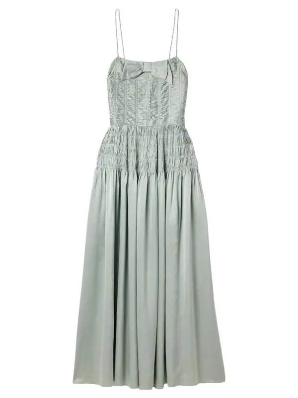 DÔEN Spaghetti Strap Midi Dress With Pleated Neckline And Bow Accent - Sage Green