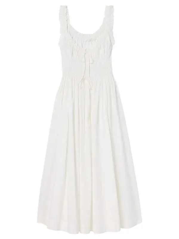 DÔEN Emmaretta Tie-detailed Shirred Cotton-voile Midi Dress - White