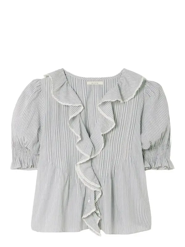 DÔEN Henri Striped Puff Sleeve Ruffle Blouse - White
