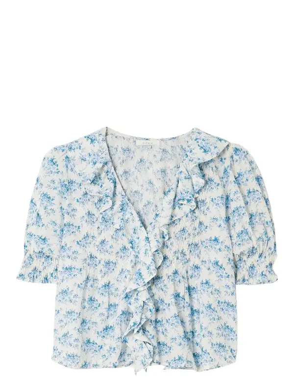DÔEN Henri Ruffled Pintucked Floral-print Organic Cotton-voile Top - Blue