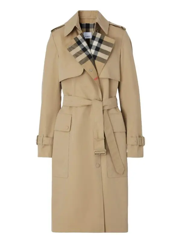 Burberry Long Check Lapel Gabardine Trench Coat - Honey-colored